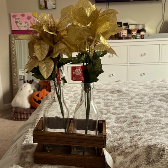 true living essentials | Accents | Glass Bottles Set Gold Poinsettias ...